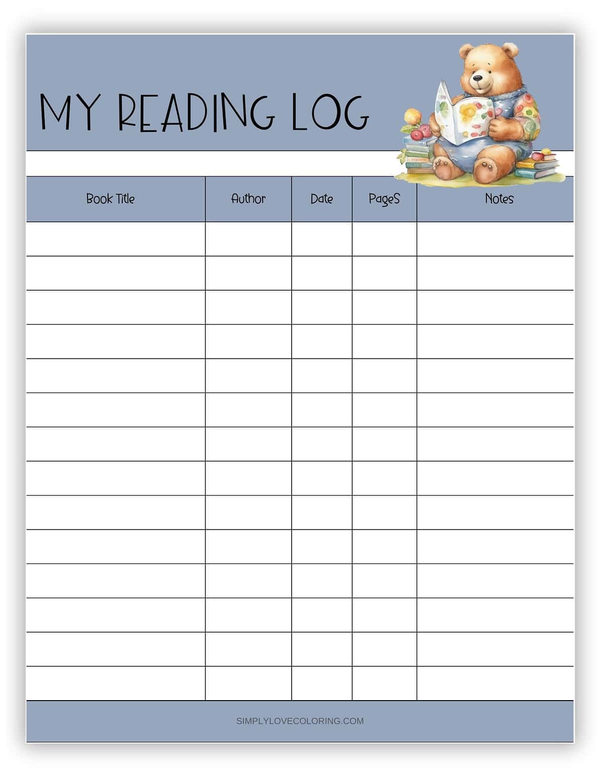 18 Reading Log Printables (Free PDF Printables) - Simply Love Coloring