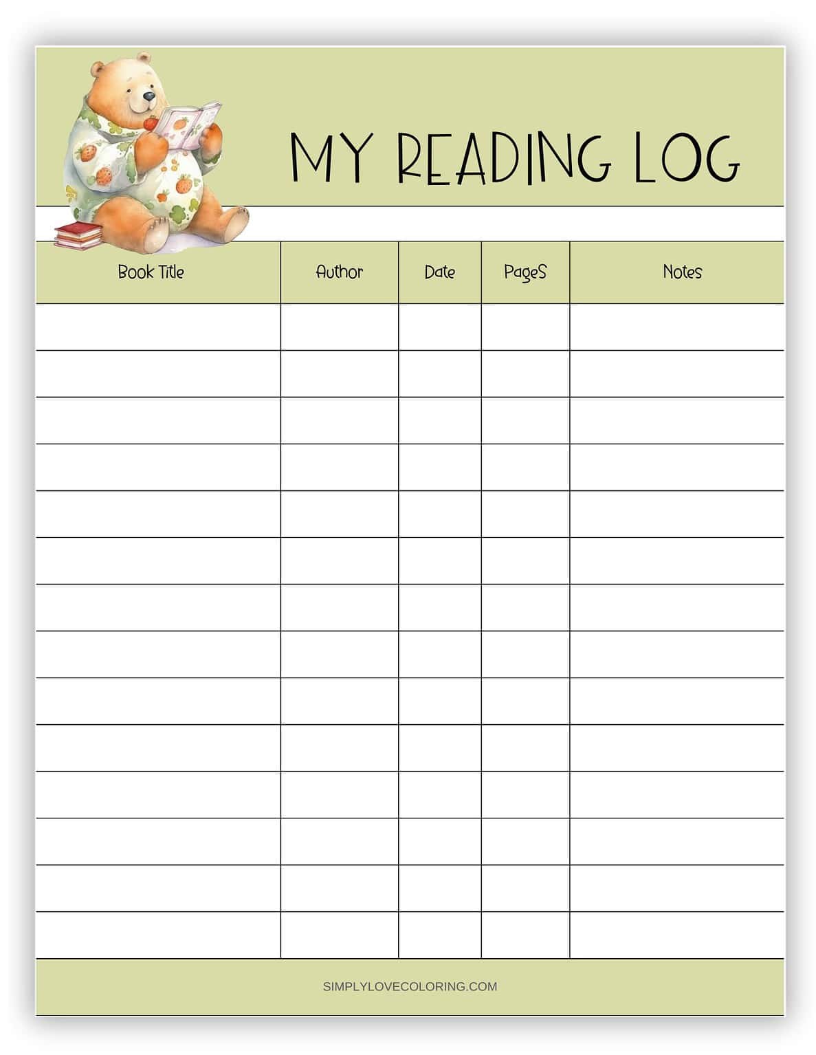 18 Reading Log Printables (Free PDF Printables) - Simply Love Coloring