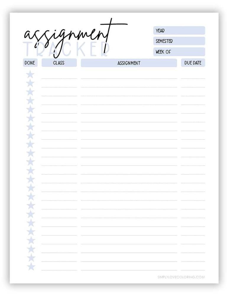 Assignment Trackers (Free PDF Printables) - Simply Love Coloring