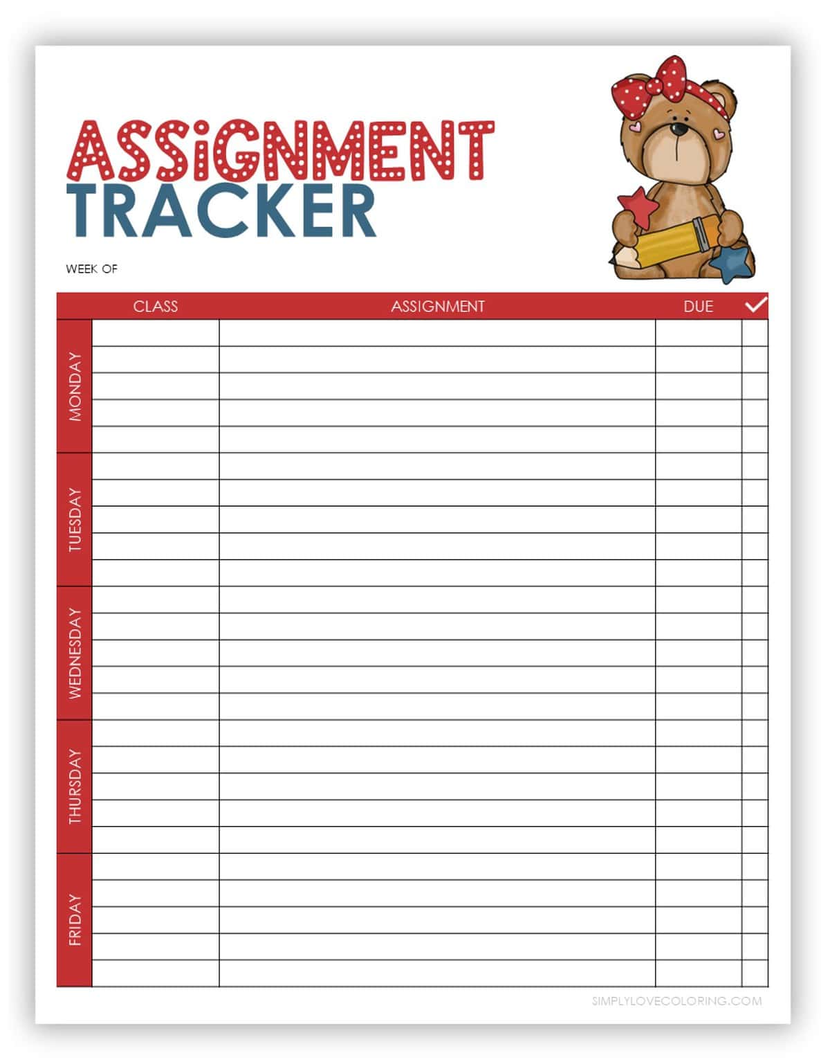 Assignment Trackers (Free PDF Printables) - Simply Love Coloring