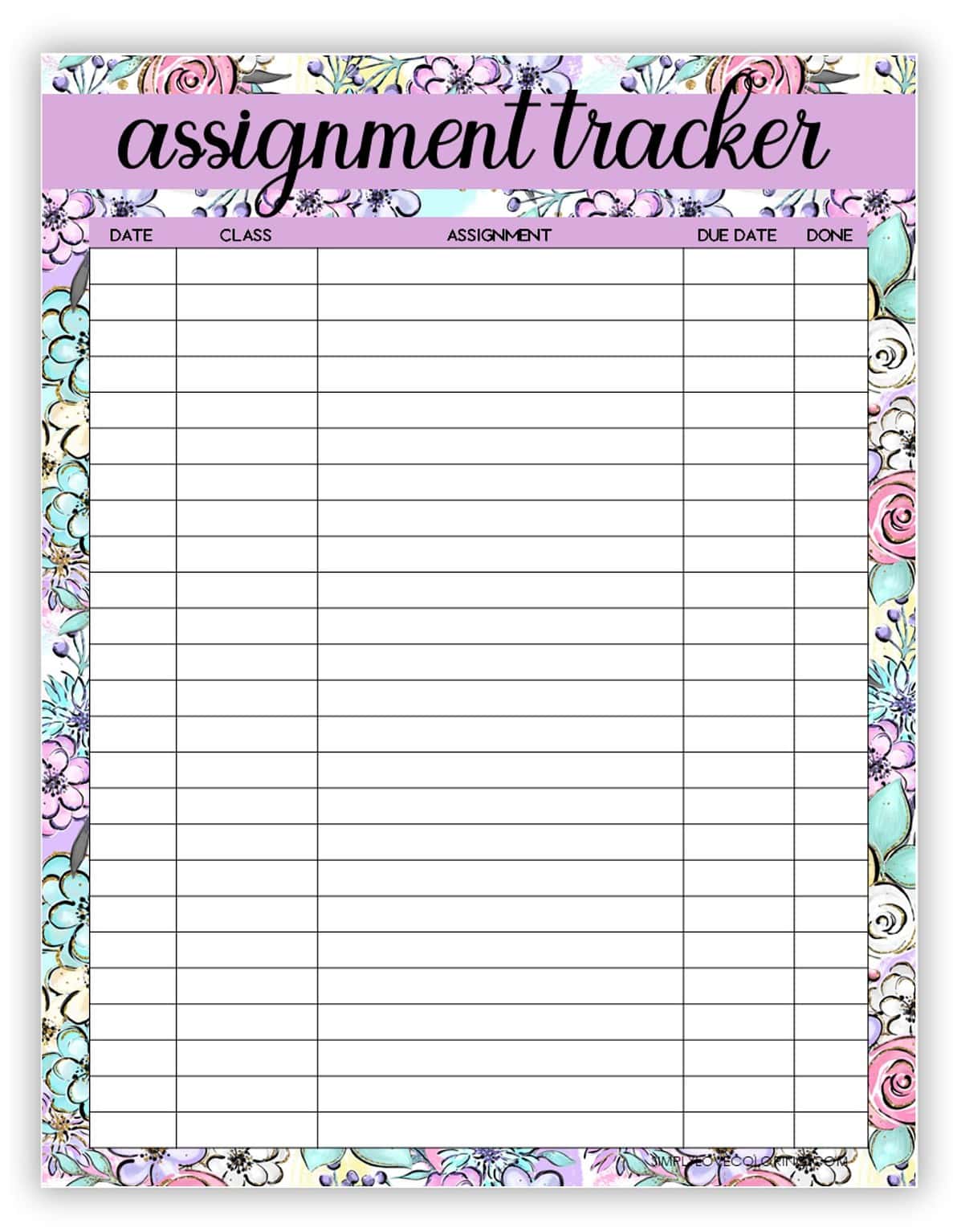 Assignment Trackers (Free PDF Printables) - Simply Love Coloring