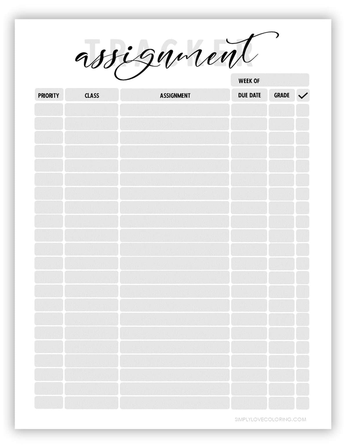 Assignment Trackers (Free PDF Printables) - Simply Love Coloring