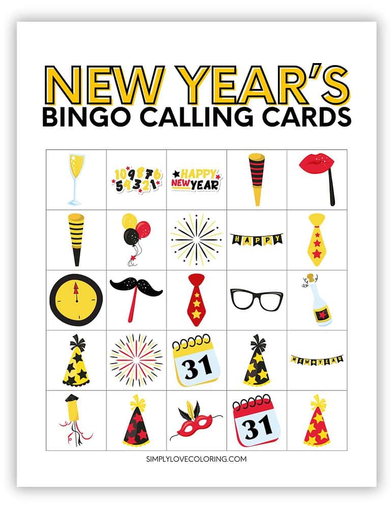 New Year's Bingo (Free PDF Printables) - Simply Love Coloring