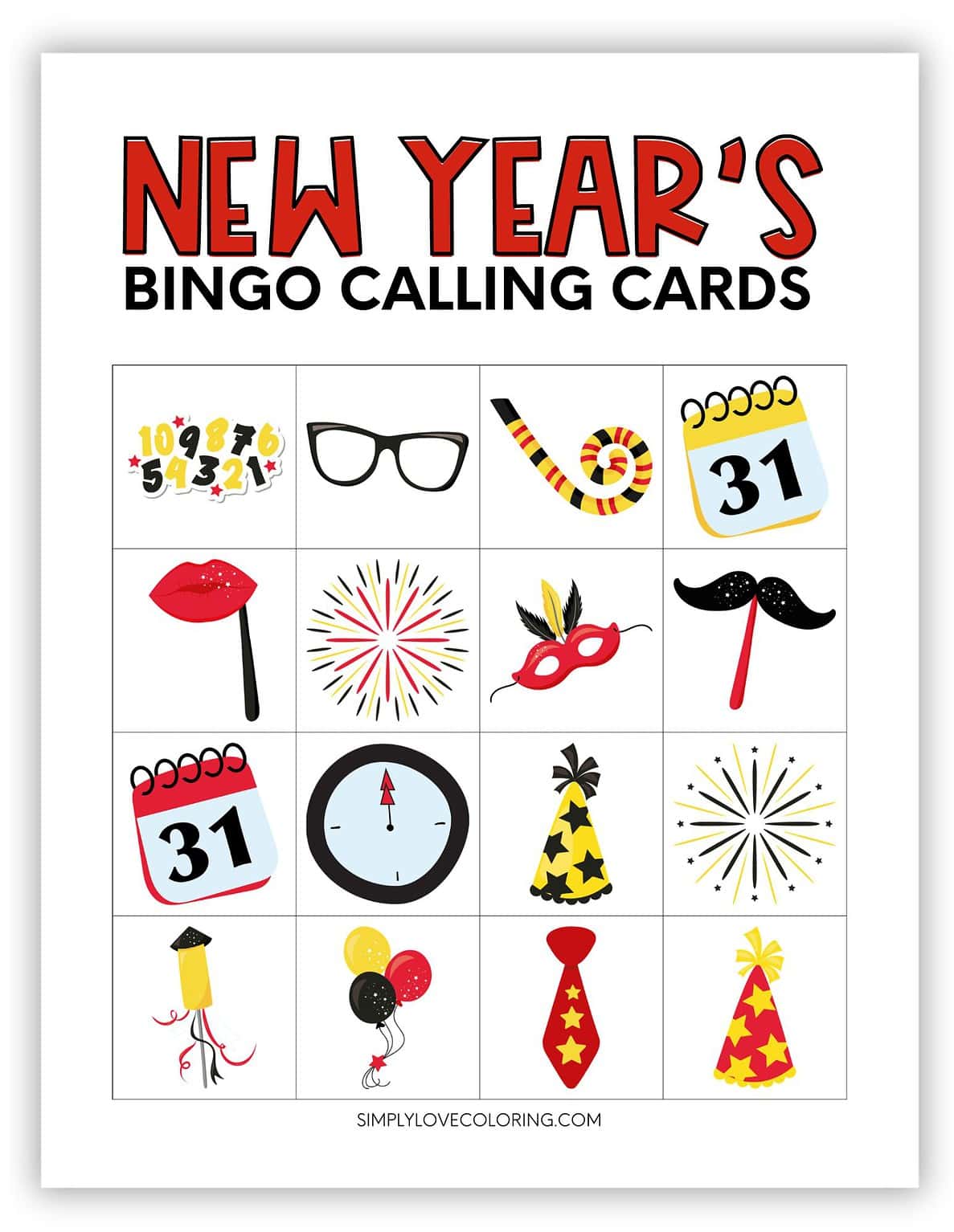New Year's Bingo (Free PDF Printables) - Simply Love Coloring