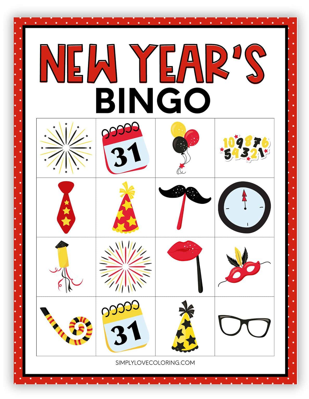 New Year's Bingo (Free PDF Printables) - Simply Love Coloring