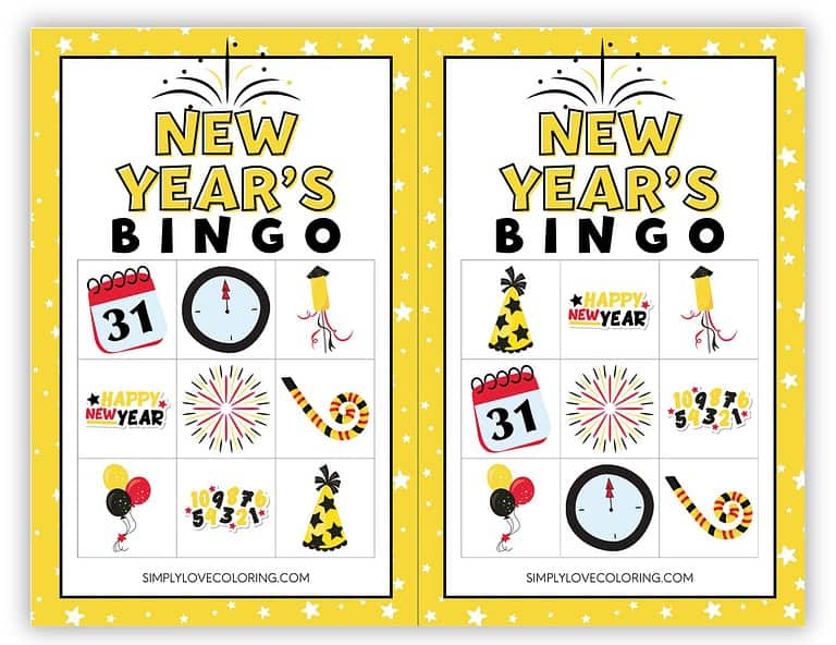 New Year's Bingo (Free PDF Printables) - Simply Love Coloring