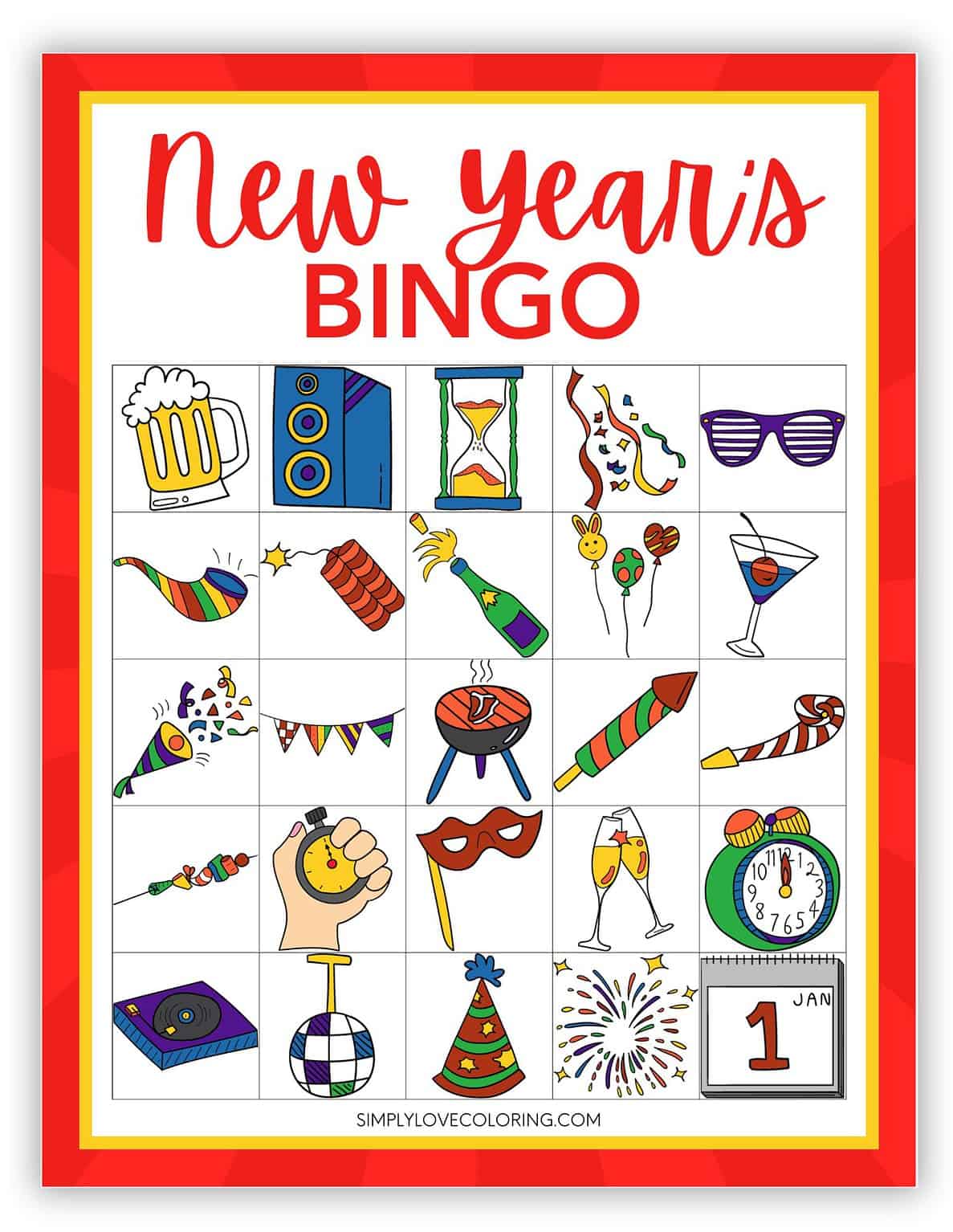 New Year's Bingo (Free PDF Printables) - Simply Love Coloring