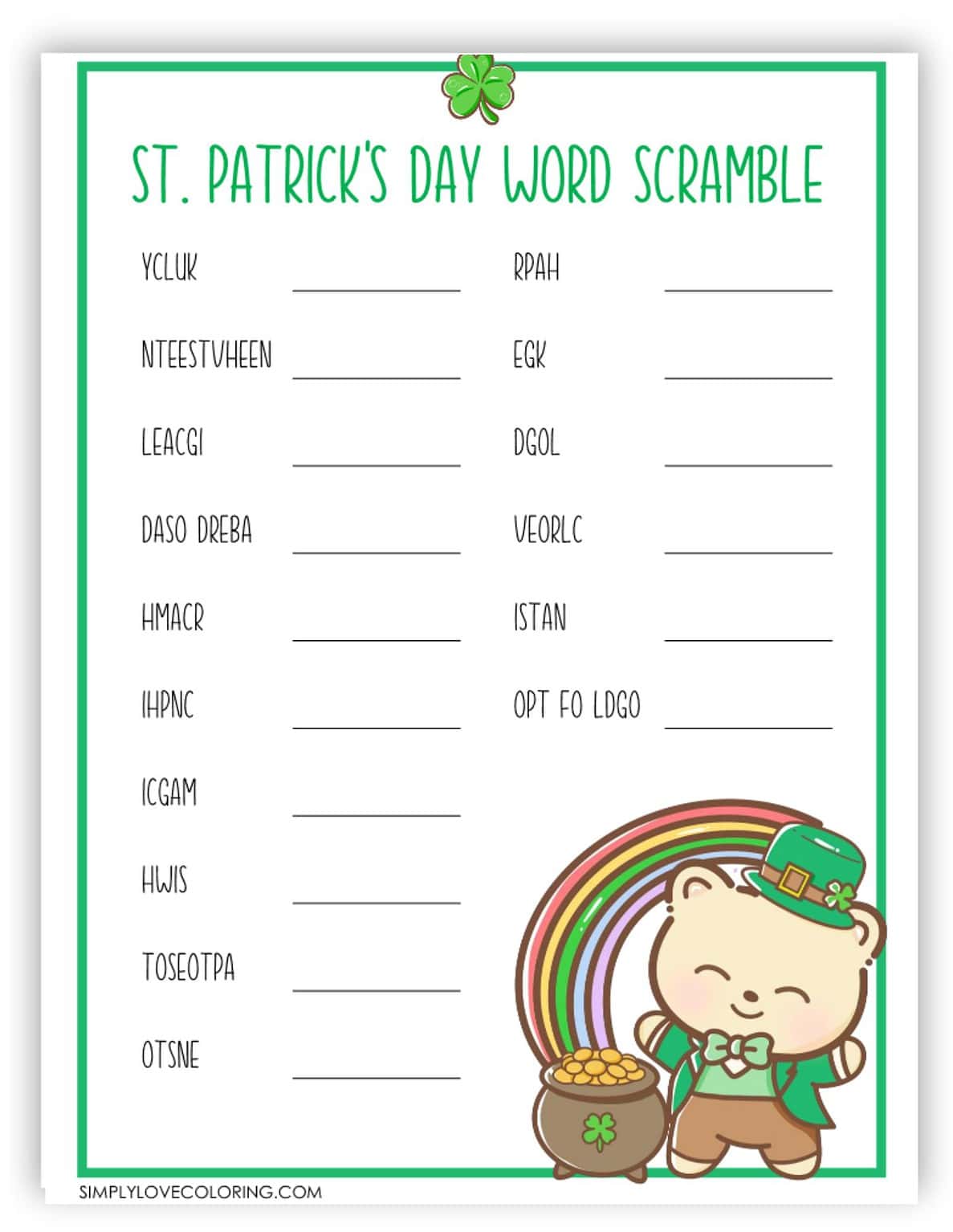 6 St. Patrick's Day Word Scramble Activities (Free PDF Printables ...