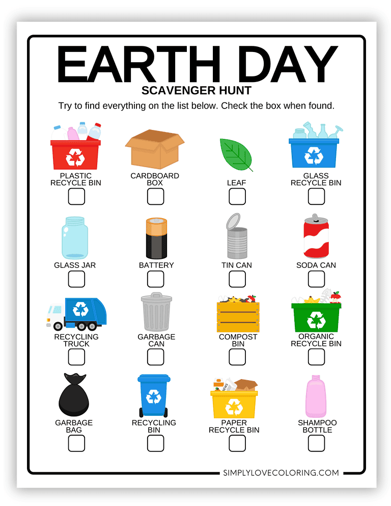 Earth Day Scavenger Hunt (Free PDF Printables) - Simply Love Coloring