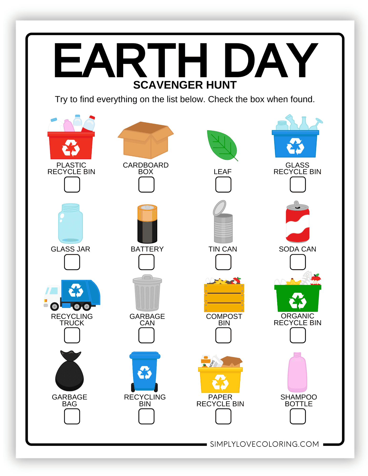Earth Day Scavenger Hunt (Free PDF Printables) - Simply Love Coloring