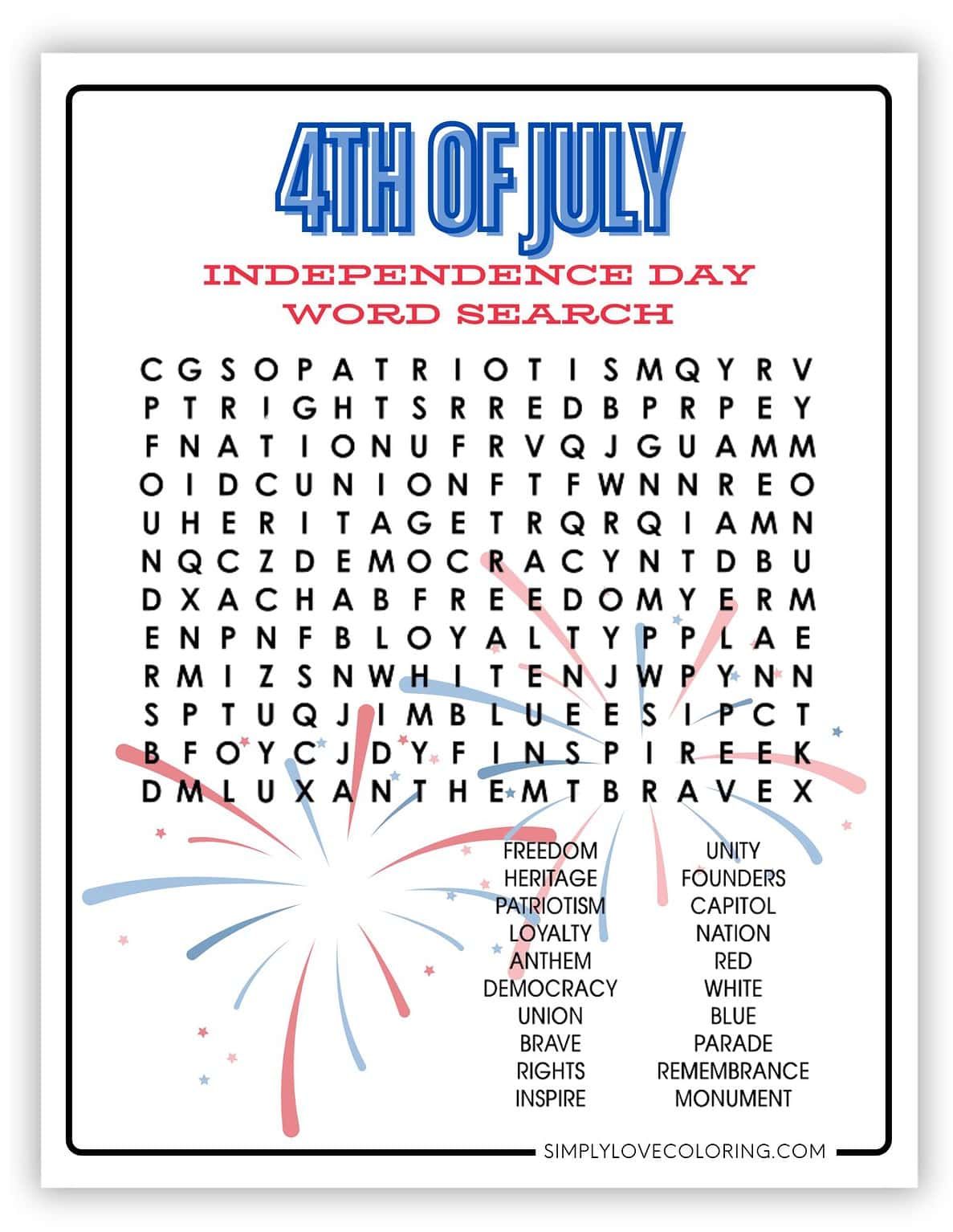 Independence Day Word Search (Free PDF Printable) - Simply Love Coloring