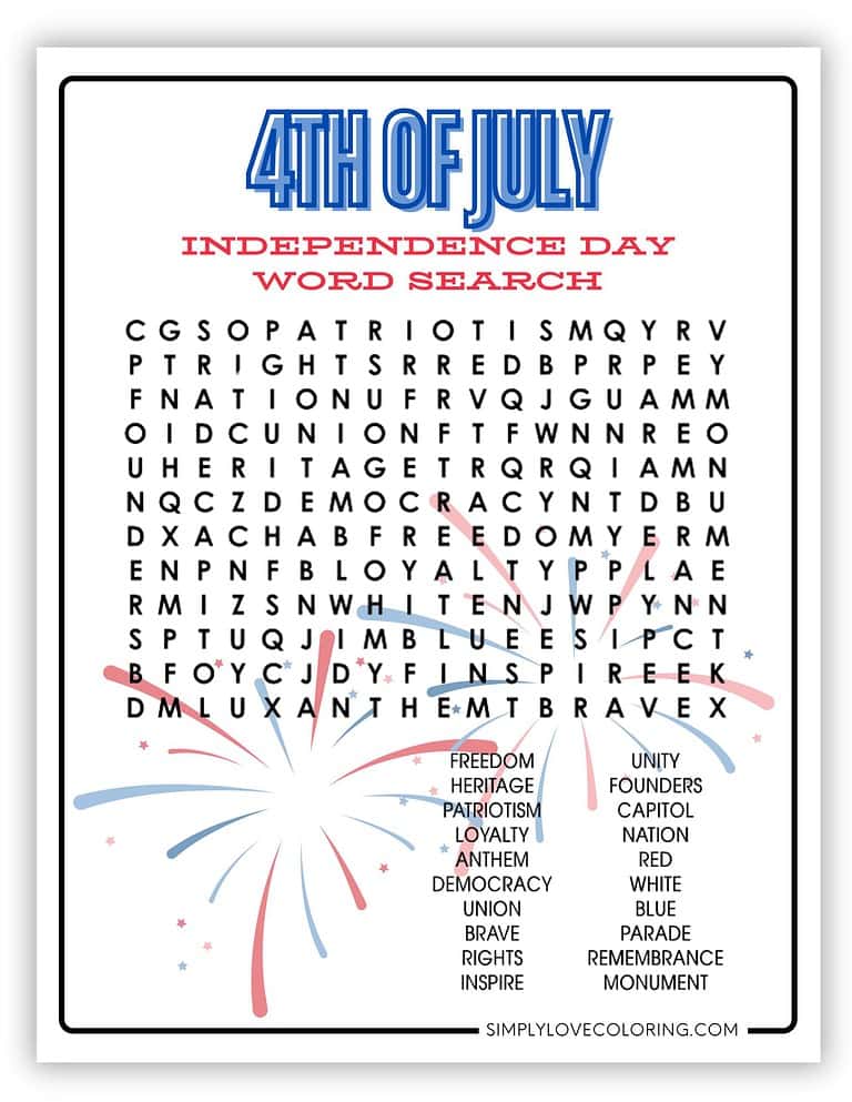 Independence Day Word Search (Free PDF Printable) - Simply Love Coloring