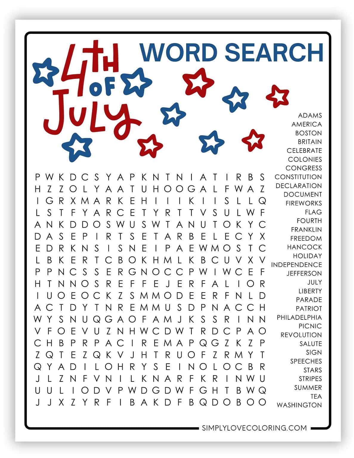 Independence Day Word Search (Free PDF Printable) - Simply Love Coloring