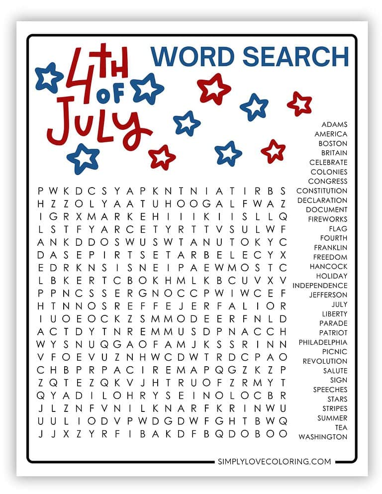 Independence Day Word Search (Free PDF Printable) - Simply Love Coloring