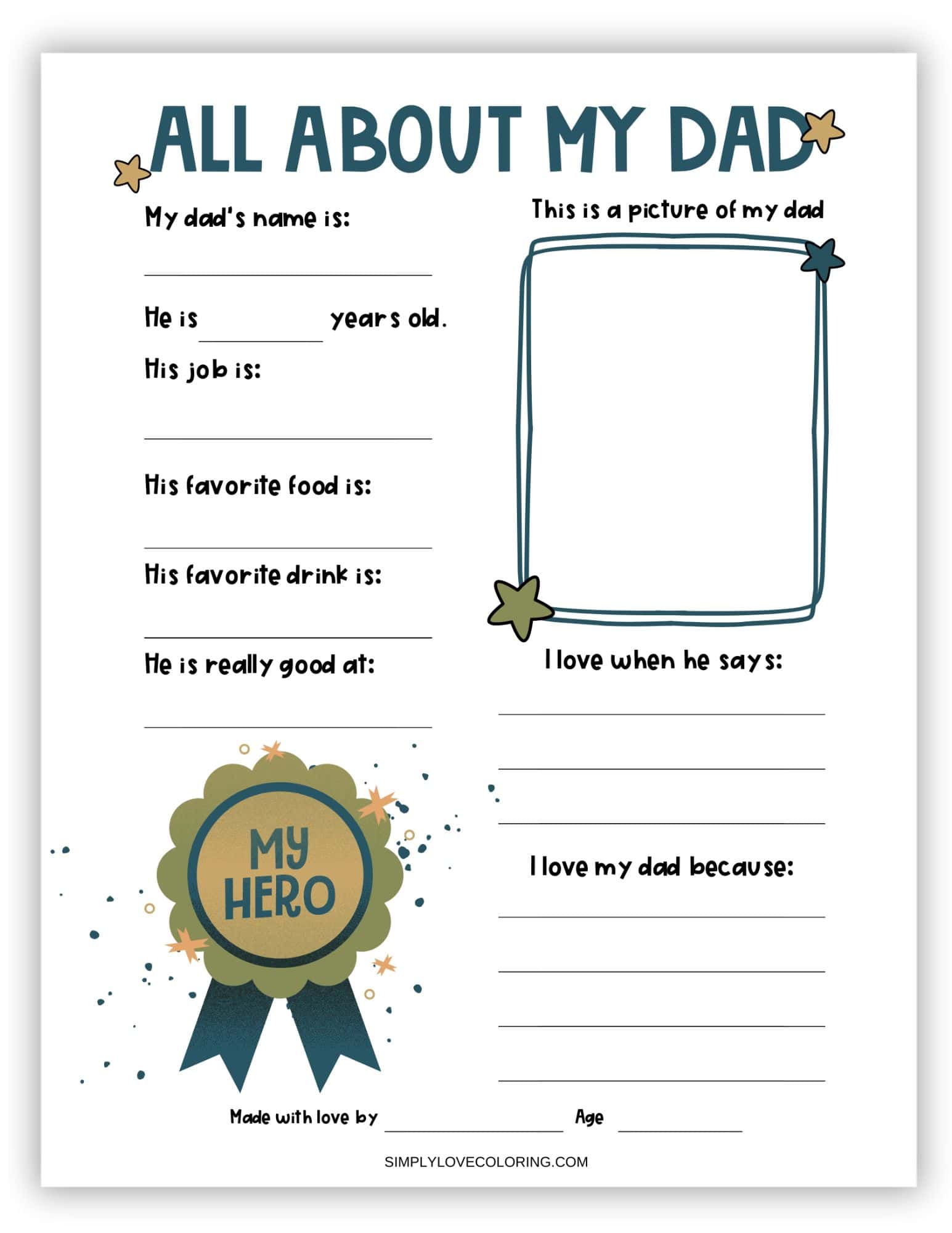 All About My Dad Worksheet (Free PDF Printables) - Simply Love Coloring
