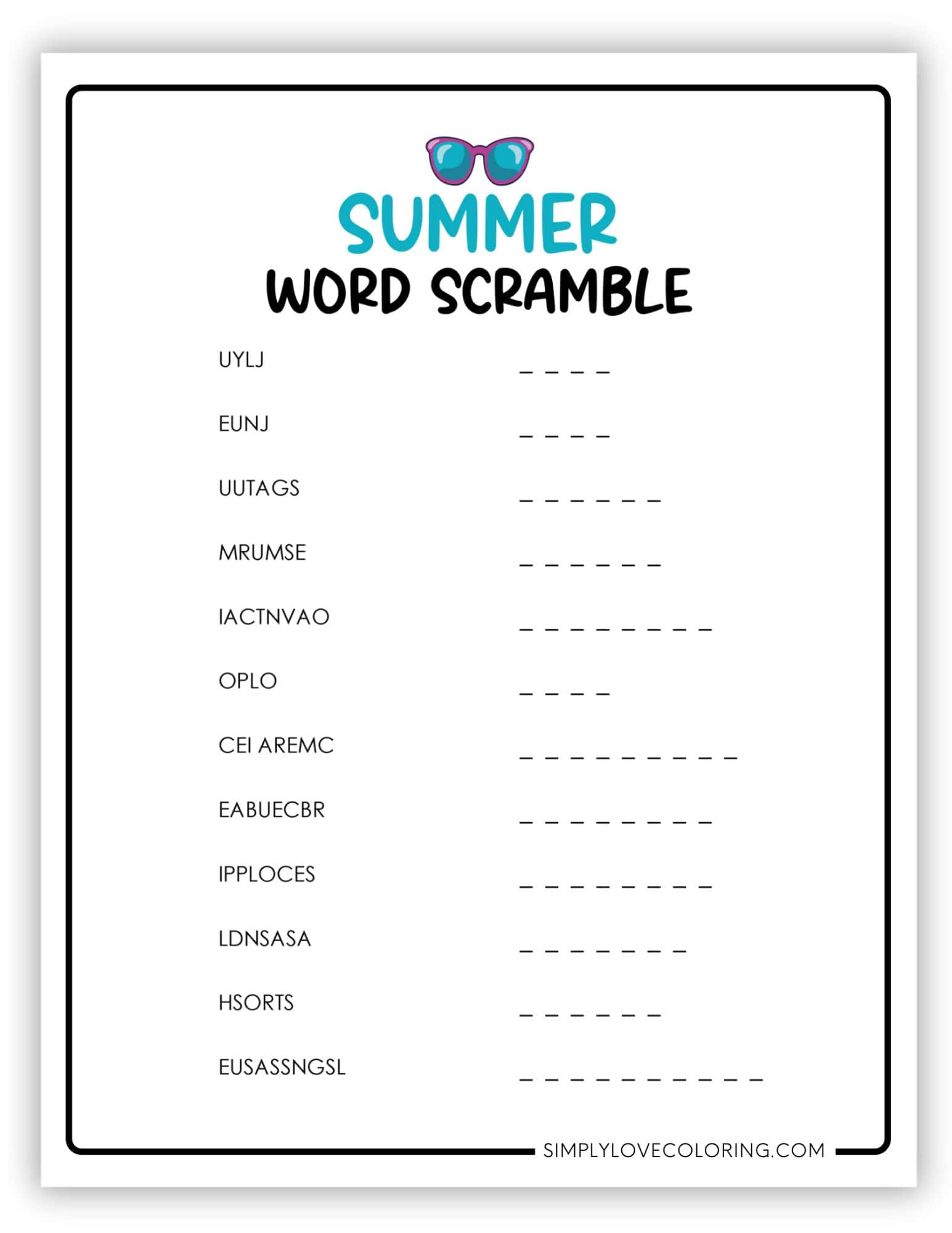 Summer Word Scramble Printables (Free PDF Downloads) - Simply Love Coloring