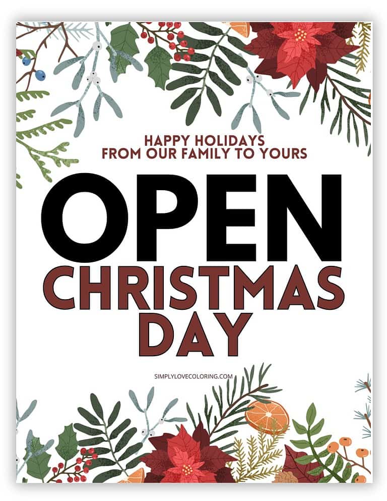 Open Christmas Day Sign (Free PDF Printables) - Simply Love Coloring