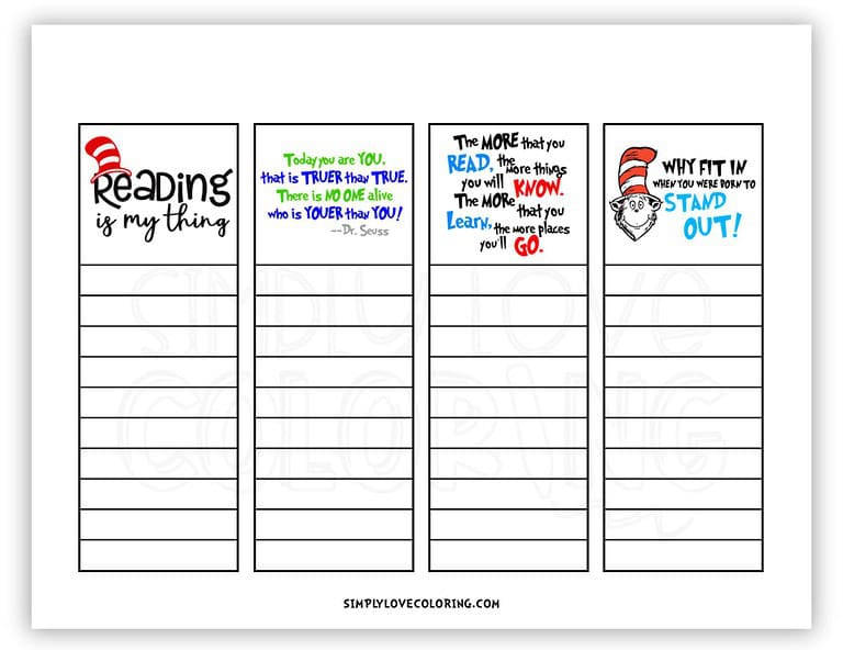 Dr. Seuss Bookmark Printables (Free PDF Downloads) - Simply Love Coloring